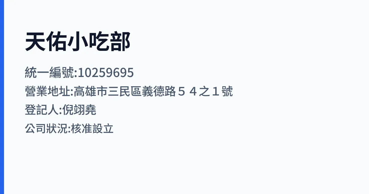 天佑小吃部 - 統編 10259695(高雄市) 公司登記資料與營業項目詳細圖表