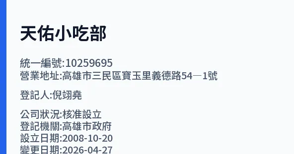 天佑小吃部的照片-統編 10259695(高雄市) 公司登記資料與營業項目詳細圖表