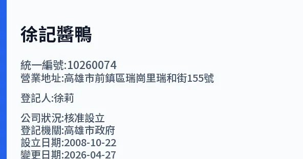 徐記醬鴨的照片-統編 10260074(高雄市) 公司登記資料與營業項目詳細圖表