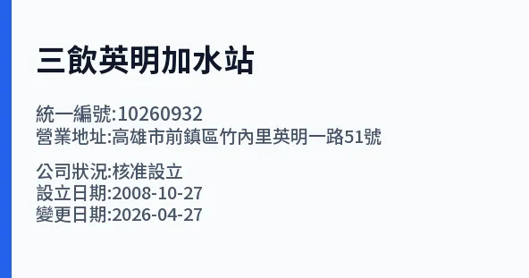 三飲英明加水站的照片-統編 10260932(高雄市) 公司登記資料與營業項目詳細圖表