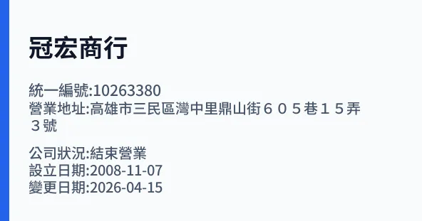 冠宏商行的照片-統編 10263380(高雄市) 公司登記資料與營業項目詳細圖表