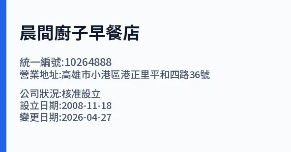 晨間廚子早餐店的照片-統編 10264888(高雄市) 公司登記資料與營業項目詳細圖表