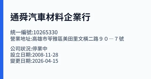 通舜汽車材料企業行的照片-統編 10265330(高雄市) 公司登記資料與營業項目詳細圖表