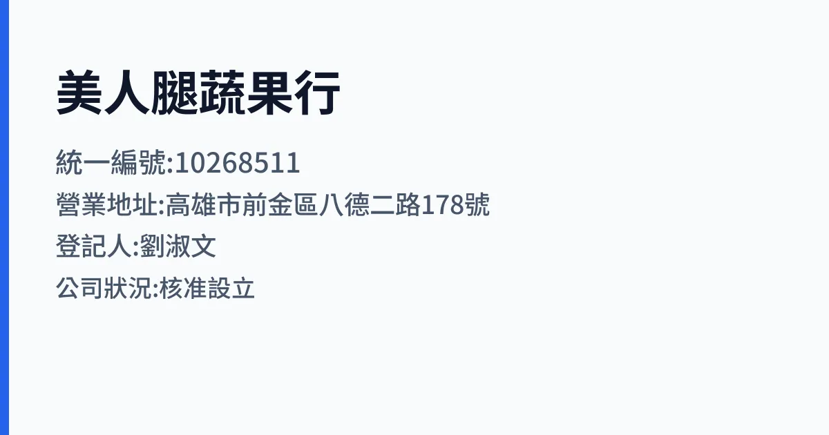 美人腿蔬果行 - 統編 10268511(高雄市) 公司登記資料與營業項目詳細圖表