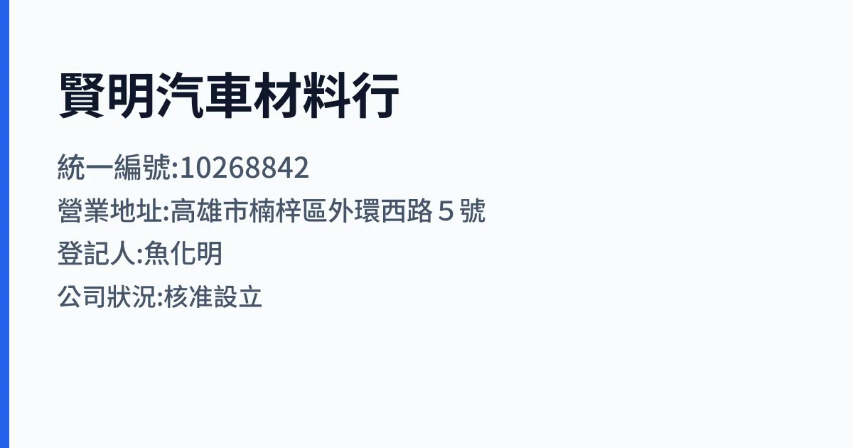 賢明汽車材料行 - 統編 10268842(高雄市) 公司登記資料與營業項目詳細圖表