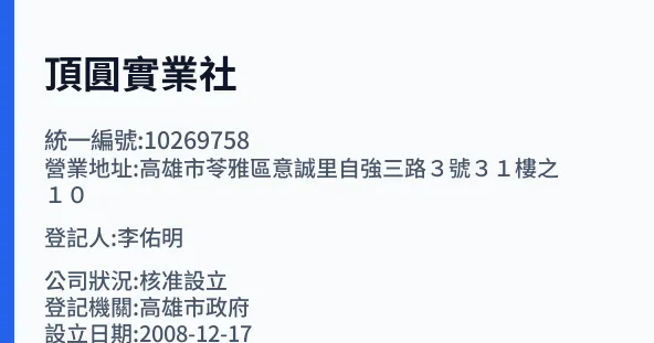 頂圓實業社的照片-統編 10269758(高雄市) 公司登記資料與營業項目詳細圖表