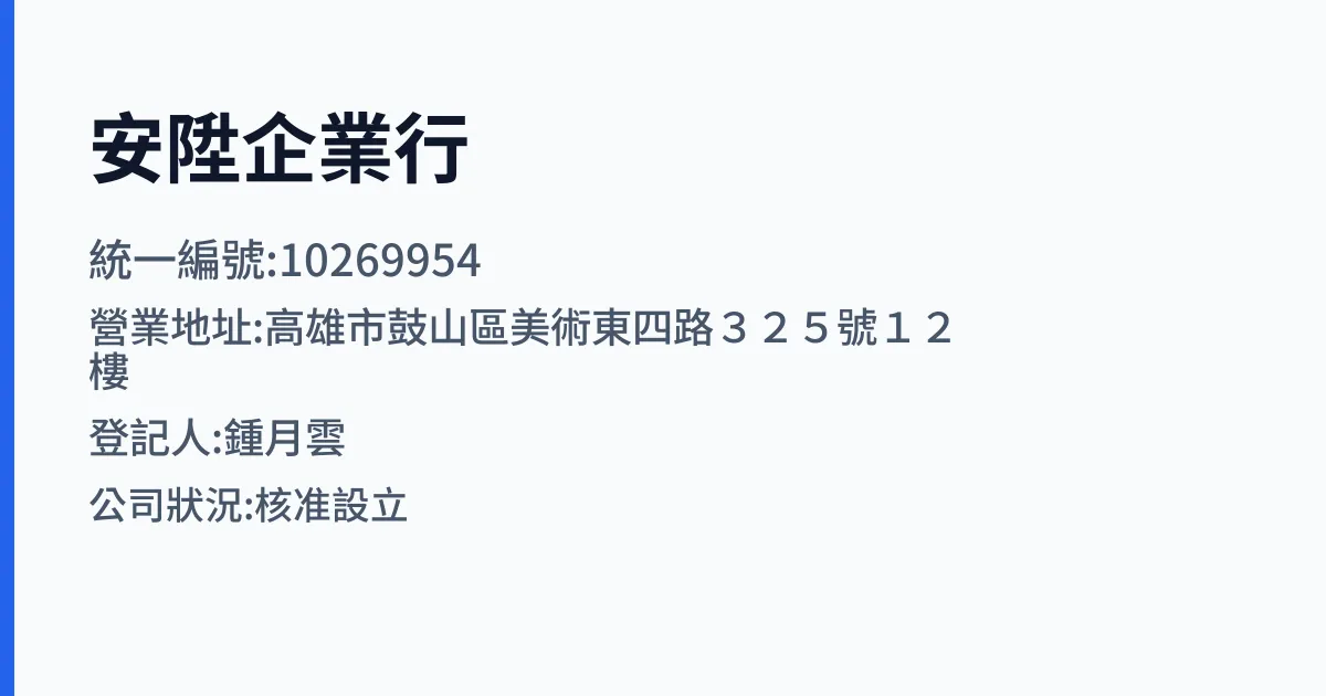 安陞企業行 - 統編 10269954(屏東縣) 公司登記資料與營業項目詳細圖表
