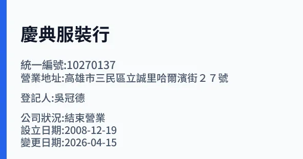 慶典服裝行的照片-統編 10270137(高雄市) 公司登記資料與營業項目詳細圖表
