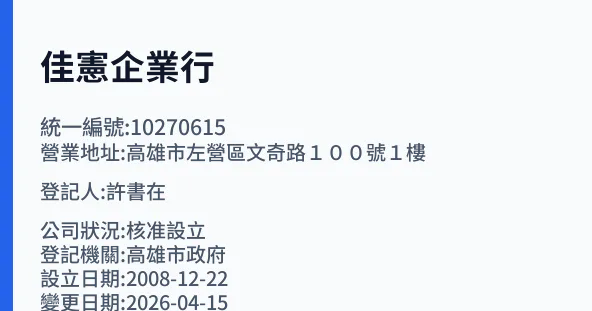佳憲企業行的照片-統編 10270615(高雄市) 公司登記資料與營業項目詳細圖表