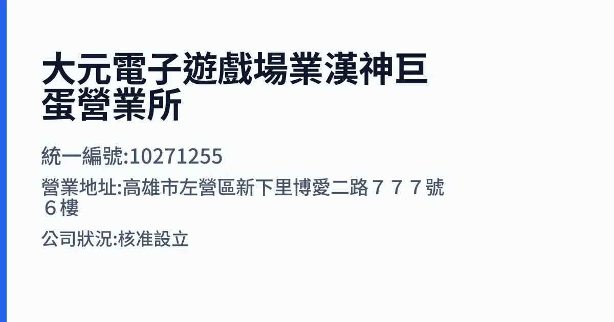 大元電子遊戲場業漢神巨蛋營業所 - 統編 10271255(高雄市) 公司登記資料與營業項目詳細圖表