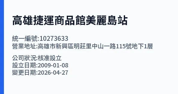 高雄捷運商品館美麗島站的照片-統編 10273633(高雄市) 公司登記資料與營業項目詳細圖表