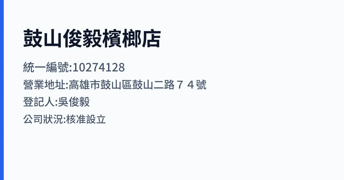 鼓山俊毅檳榔店 - 統編 10274128(高雄市) 公司登記資料與營業項目詳細圖表