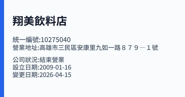 翔美飲料店的照片-統編 10275040(高雄市) 公司登記資料與營業項目詳細圖表