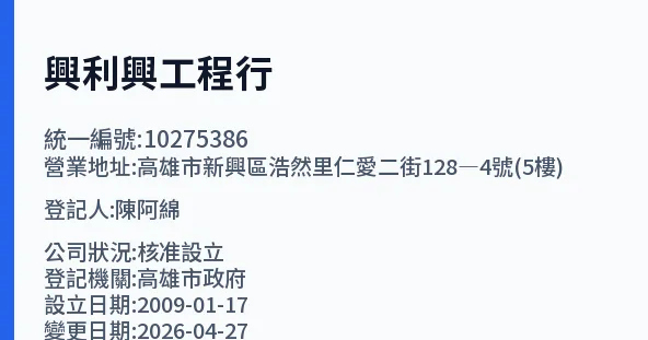 興利興工程行的照片-統編 10275386(高雄市) 公司登記資料與營業項目詳細圖表