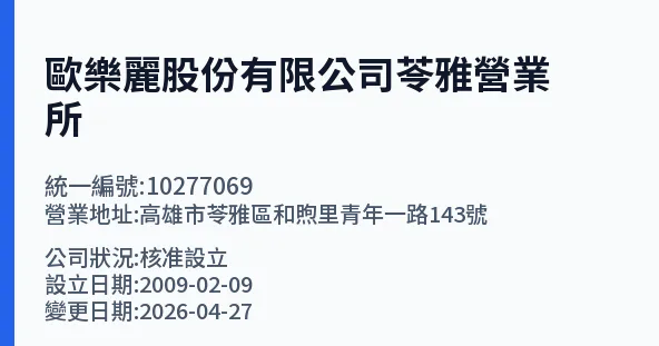 歐樂麗股份有限公司苓雅營業所的照片-統編 10277069(高雄市) 公司登記資料與營業項目詳細圖表