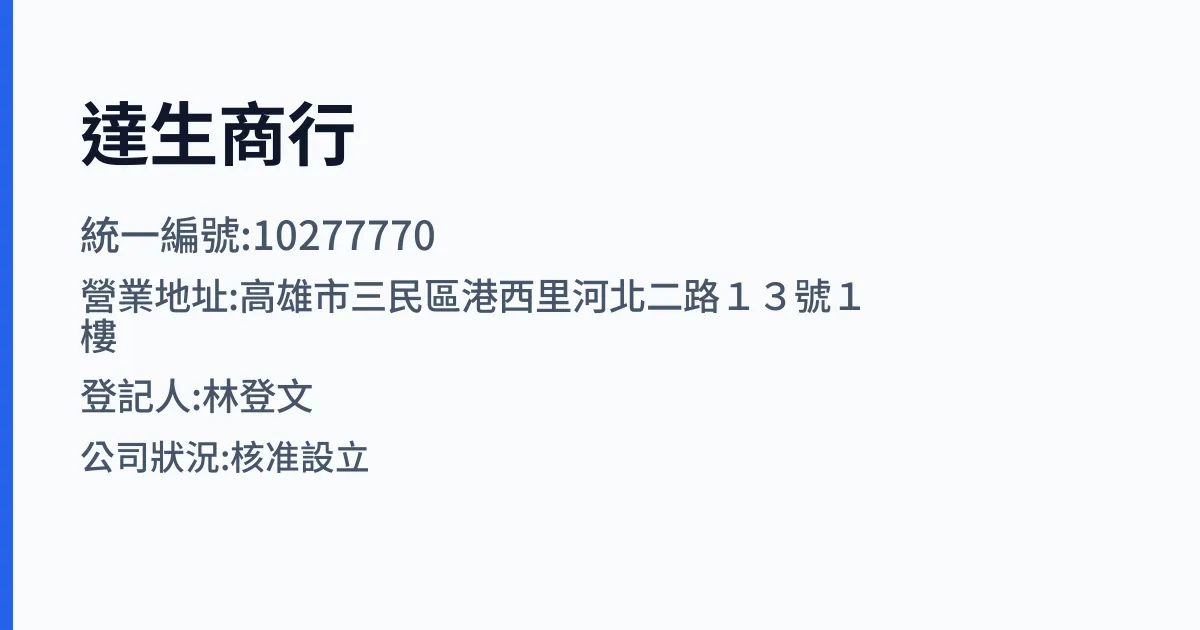 達生商行 - 統編 10277770(高雄市) 公司登記資料與營業項目詳細圖表