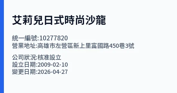 艾莉兒日式時尚沙龍的照片-統編 10277820(高雄市) 公司登記資料與營業項目詳細圖表