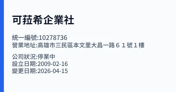 可菈希企業社的照片-統編 10278736(高雄市) 公司登記資料與營業項目詳細圖表