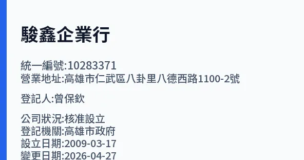 駿鑫企業行的照片-統編 10283371(高雄市) 公司登記資料與營業項目詳細圖表