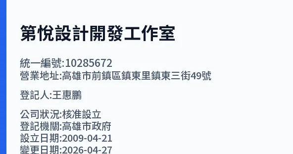 第悅設計開發工作室的照片-統編 10285672(高雄市) 公司登記資料與營業項目詳細圖表