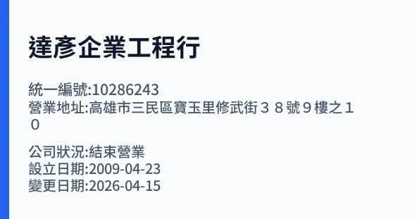 達彥企業工程行的照片-統編 10286243(高雄市) 公司登記資料與營業項目詳細圖表
