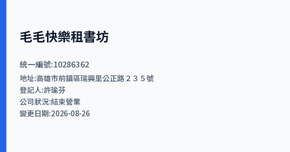 毛毛快樂租書坊的照片-統編 10286362(高雄市) 公司登記資料與營業項目詳細圖表