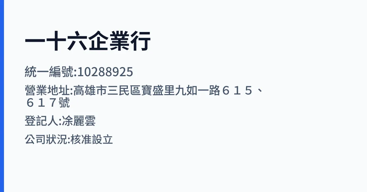 一十六企業行 - 統編 10288925(高雄市) 公司登記資料與營業項目詳細圖表