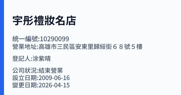 宇彤禮妝名店的照片-統編 10290099(高雄市) 公司登記資料與營業項目詳細圖表