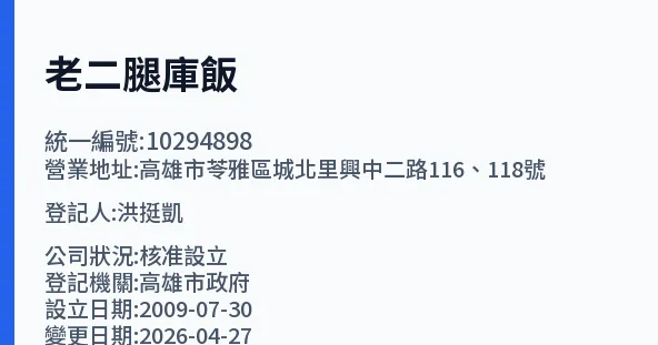 老二腿庫飯的照片-統編 10294898(高雄市) 公司登記資料與營業項目詳細圖表