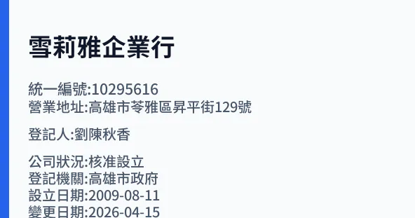 雪莉雅企業行的照片-統編 10295616(高雄市) 公司登記資料與營業項目詳細圖表