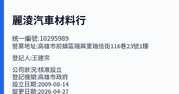 麗淩汽車材料行的照片-統編 10295989(高雄市) 公司登記資料與營業項目詳細圖表