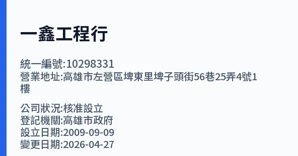 一鑫工程行的照片-統編 10298331(高雄市) 公司登記資料與營業項目詳細圖表