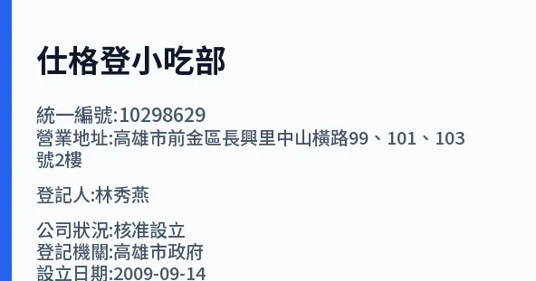 仕格登小吃部的照片-統編 10298629(高雄市) 公司登記資料與營業項目詳細圖表