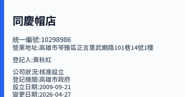同慶帽店的照片-統編 10298986(高雄市) 公司登記資料與營業項目詳細圖表