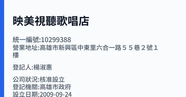 映美視聽歌唱店的照片-統編 10299388(高雄市) 公司登記資料與營業項目詳細圖表
