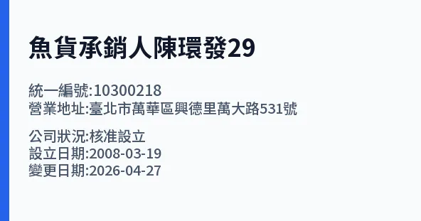 魚貨承銷人陳環發29的照片-統編 10300218(臺北市) 公司登記資料與營業項目詳細圖表