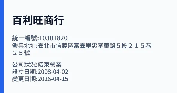 百利旺商行的照片-統編 10301820(臺北市) 公司登記資料與營業項目詳細圖表