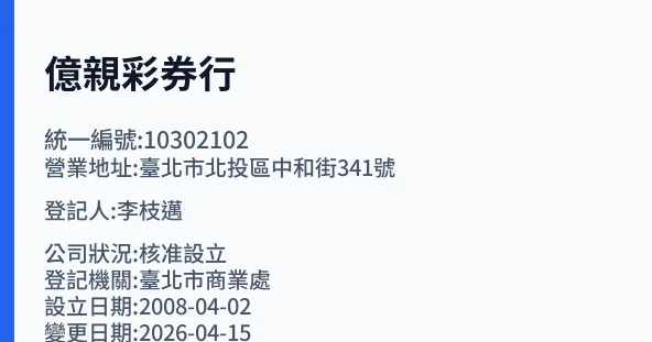 億親彩券行的照片-統編 10302102(臺北市) 公司登記資料與營業項目詳細圖表
