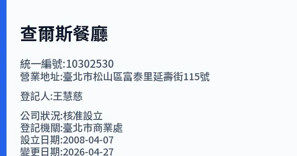 查爾斯餐廳的照片-統編 10302530(臺北市) 公司登記資料與營業項目詳細圖表
