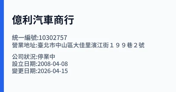 億利汽車商行的照片-統編 10302757(臺北市) 公司登記資料與營業項目詳細圖表