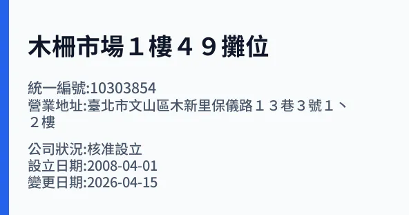 木柵市場１樓４９攤位的照片-統編 10303854(臺北市) 公司登記資料與營業項目詳細圖表