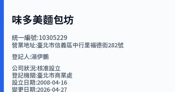 味多美麵包坊的照片-統編 10305229(臺北市) 公司登記資料與營業項目詳細圖表
