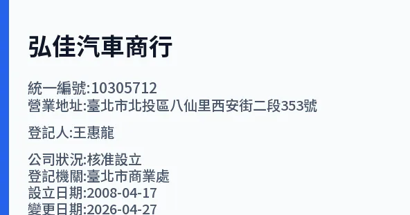 弘佳汽車商行的照片-統編 10305712(臺北市) 公司登記資料與營業項目詳細圖表