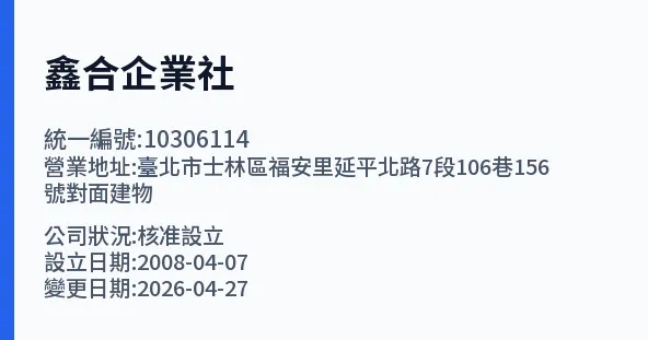 鑫合企業社的照片-統編 10306114(臺北市) 公司登記資料與營業項目詳細圖表