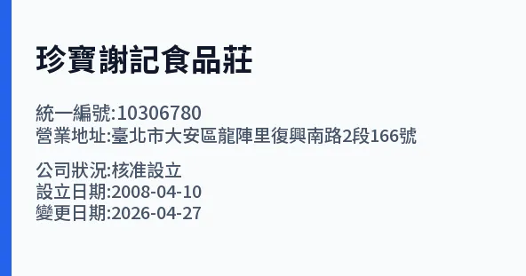 珍寶謝記食品莊的照片-統編 10306780(臺北市) 公司登記資料與營業項目詳細圖表