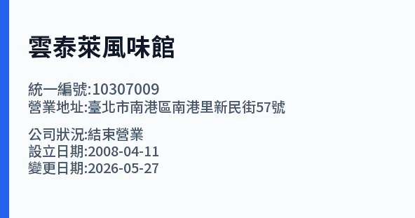雲泰萊風味館的照片-統編 10307009(臺北市) 公司登記資料與營業項目詳細圖表