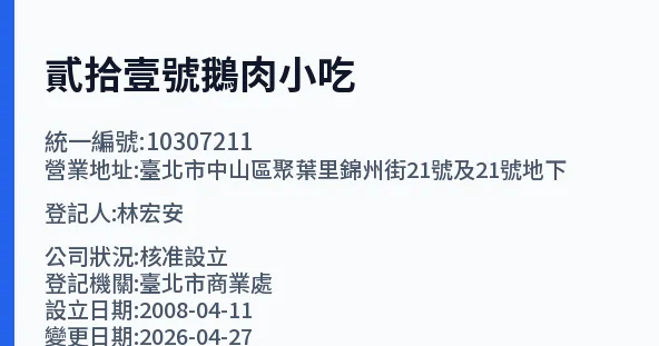 貳拾壹號鵝肉小吃的照片-統編 10307211(臺北市) 公司登記資料與營業項目詳細圖表