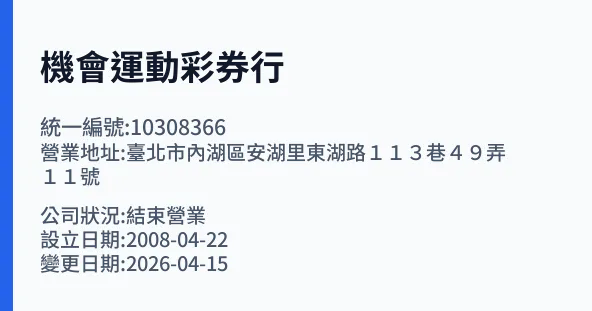 機會運動彩券行的照片-統編 10308366(臺北市) 公司登記資料與營業項目詳細圖表