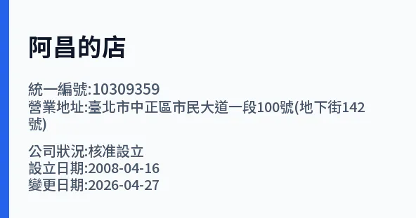 阿昌的店的照片-統編 10309359(臺北市) 公司登記資料與營業項目詳細圖表