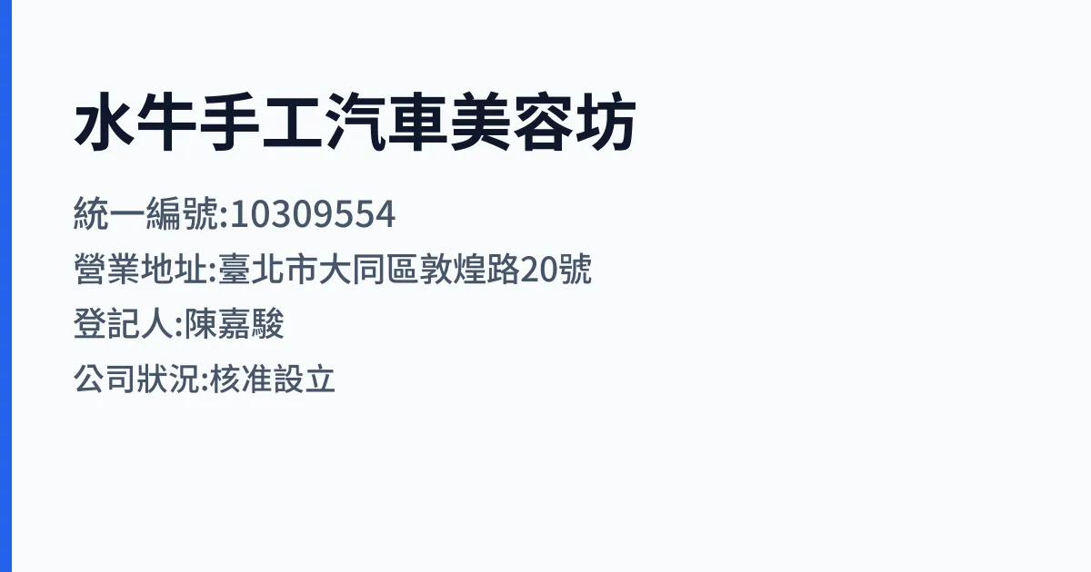 水牛手工汽車美容坊 - 統編 10309554(臺北市) 公司登記資料與營業項目詳細圖表